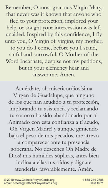 Our Lady of Guadalupe Memorare Prayer Card - Bilingual (English/Spanis ...